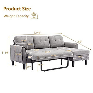 GNIXUU Pull Out Couch, Small Sectional Sleeper Sofa Bed with Storage Chaise, Convertible 3 Seater L Shaped Couch for Living Room, Grey