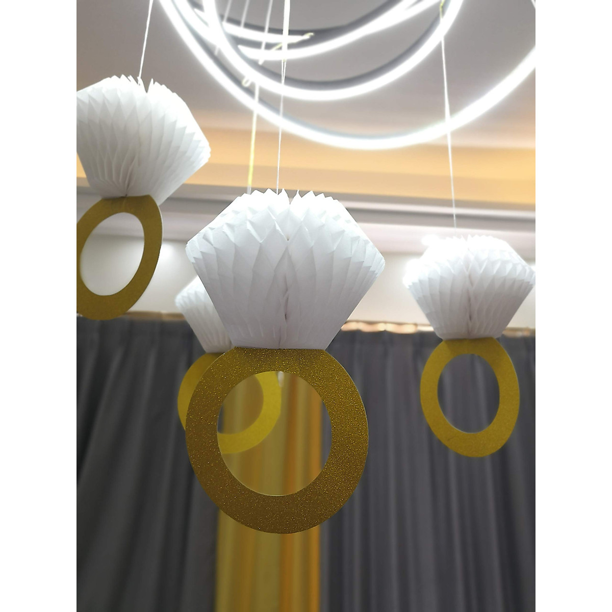 Engagement Party Decorations|Bridal Shower Supplies| Honeycomb Ring Hanging Decorations,Glitter Gold Diamond Ring（(3pcs),Engaged Banner Gold Glittery Letters and Diamond Ring for Party Decorations