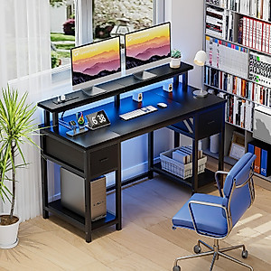 GreenForest Computer Desk 50 Inch with Monitor Stand and LED Lights, Gaming Desk with 2 Fabric Drawers and Power Outlets, Office Desk with Shelves, Black