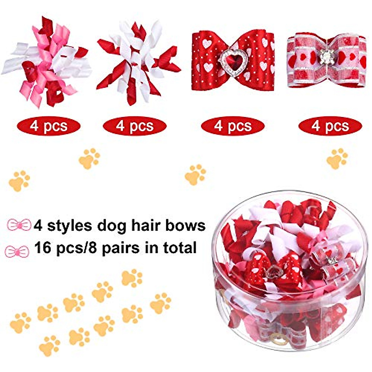 Chuangdi 16 Pieces Valentine's Day Dog Hair Bows Dog Curve Bows Puppy Topknot Hair Bows Mixed Styles Pet Cat Puppy Rhinestone Hair Bows with Rubber Bands Grooming Accessories