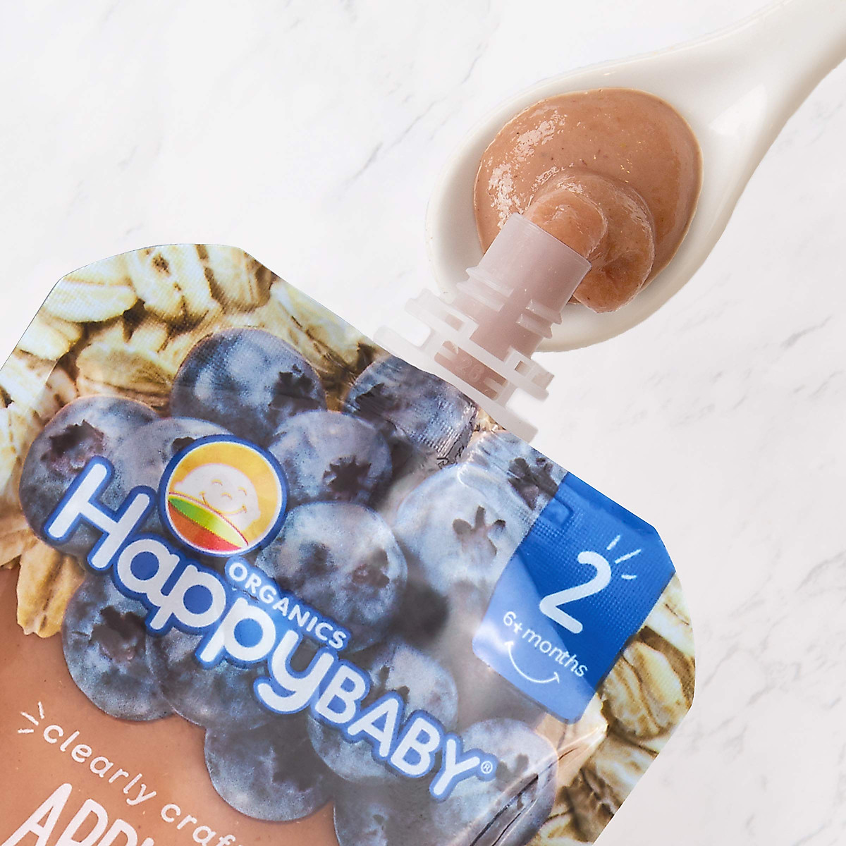 Happy Baby Organics Stage 2 Baby Food Pouches, Gluten Free, Vegan & Healthy Snack, Clearly Crafted Oat & Fruit Puree, Apples, Blueberries & Oats, 4 Ounces (Pack of 16)
