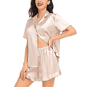 SWOMOG Satin Pajamas Women's Short Sleeve Sleepwear Ladies Silk Button Down Nightwear Pjs Shorts Set with Ruffle Hem Champagne