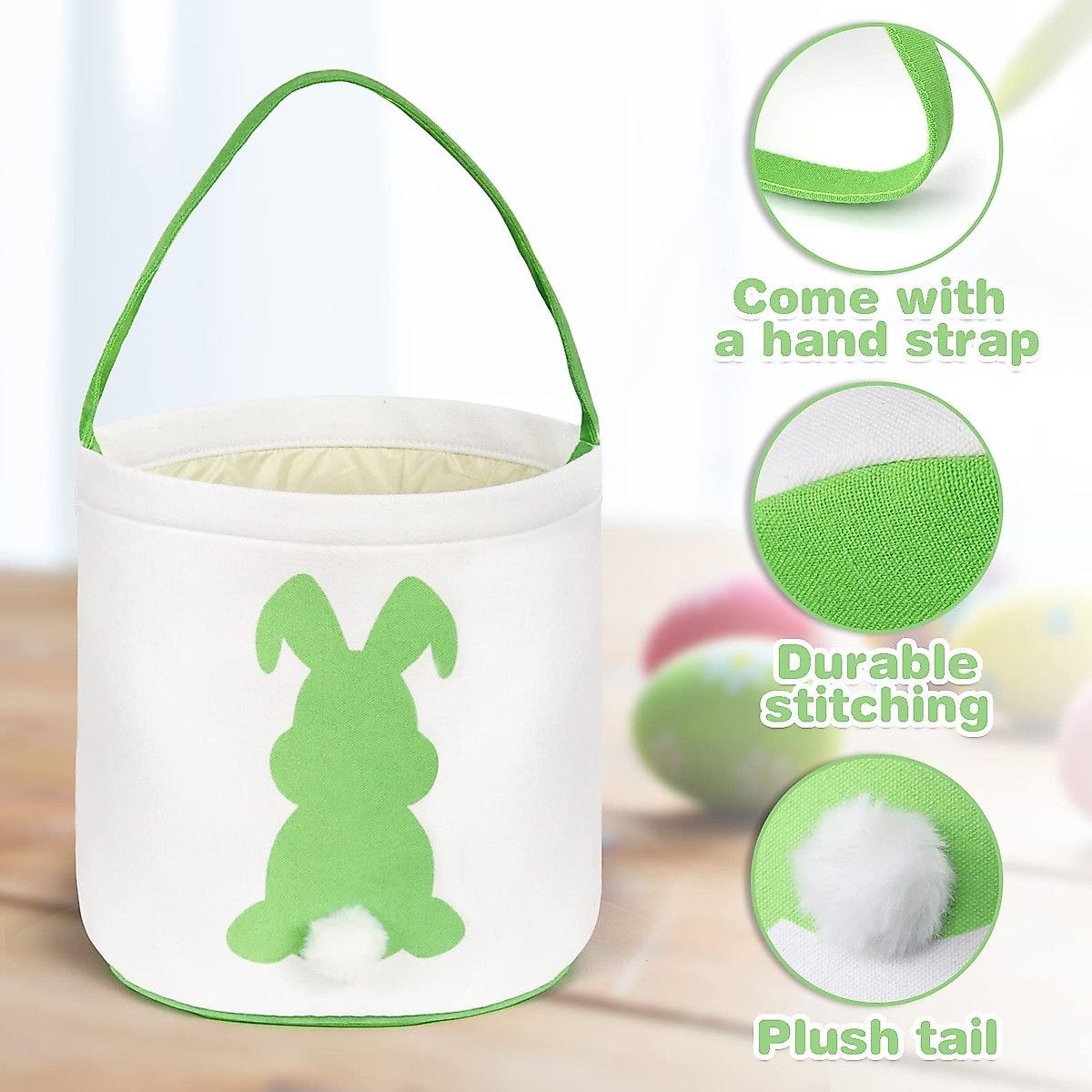 Ebingoo 3pcs Easter Baskets for Kids Empty with Handle,Bunny Personalized Easter Baskets for Boys Girls Easter Egg Hunt,Easter Canvas Tote Bag with Fluffy Tail