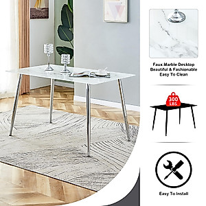 HMFULE 51" Modern Rectangle Imitation Sintered Stone Dining Table has 0.3 Inch Thick Glass Tabletop and Silver Metal Legs Kitchen Table White(Only Table)