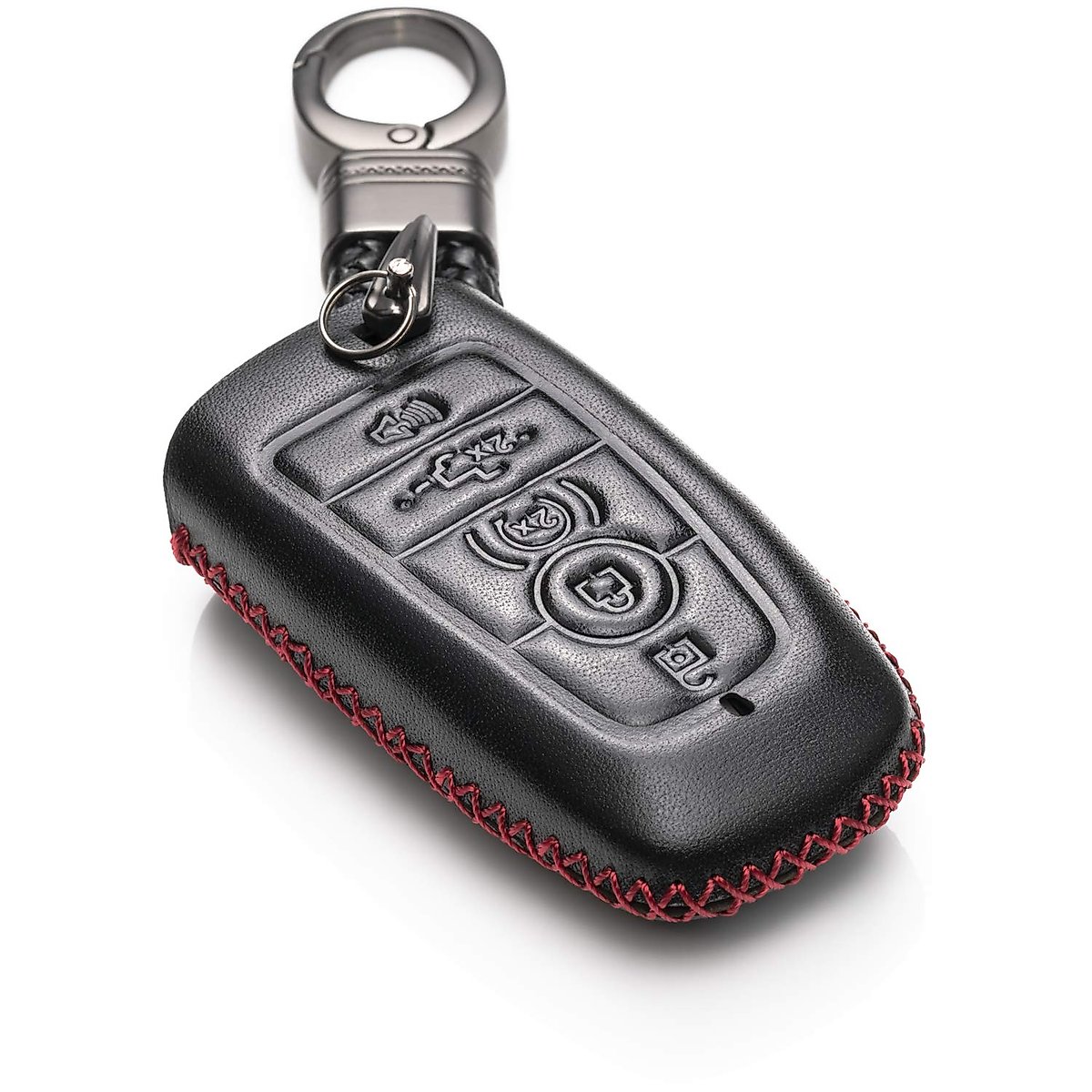 Vitodeco Leather Smart Key Fob Case Compatible with Ford Escape 2023, Bronco 2023, Explorer 2023, Edge 2023, Expedition 2023, F-150, Mustang 2023, F150 2023 and More Models (5-Button, Black/Red)