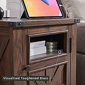 JXQTLINGMU Farmhouse End Table with Charging Station, 18'' Rustic Nightstand with Barn Door & Adjustable Shelf, Wooden Sofa Side Table with 3-Tier Storage for Living Room, Bedroom, Brown