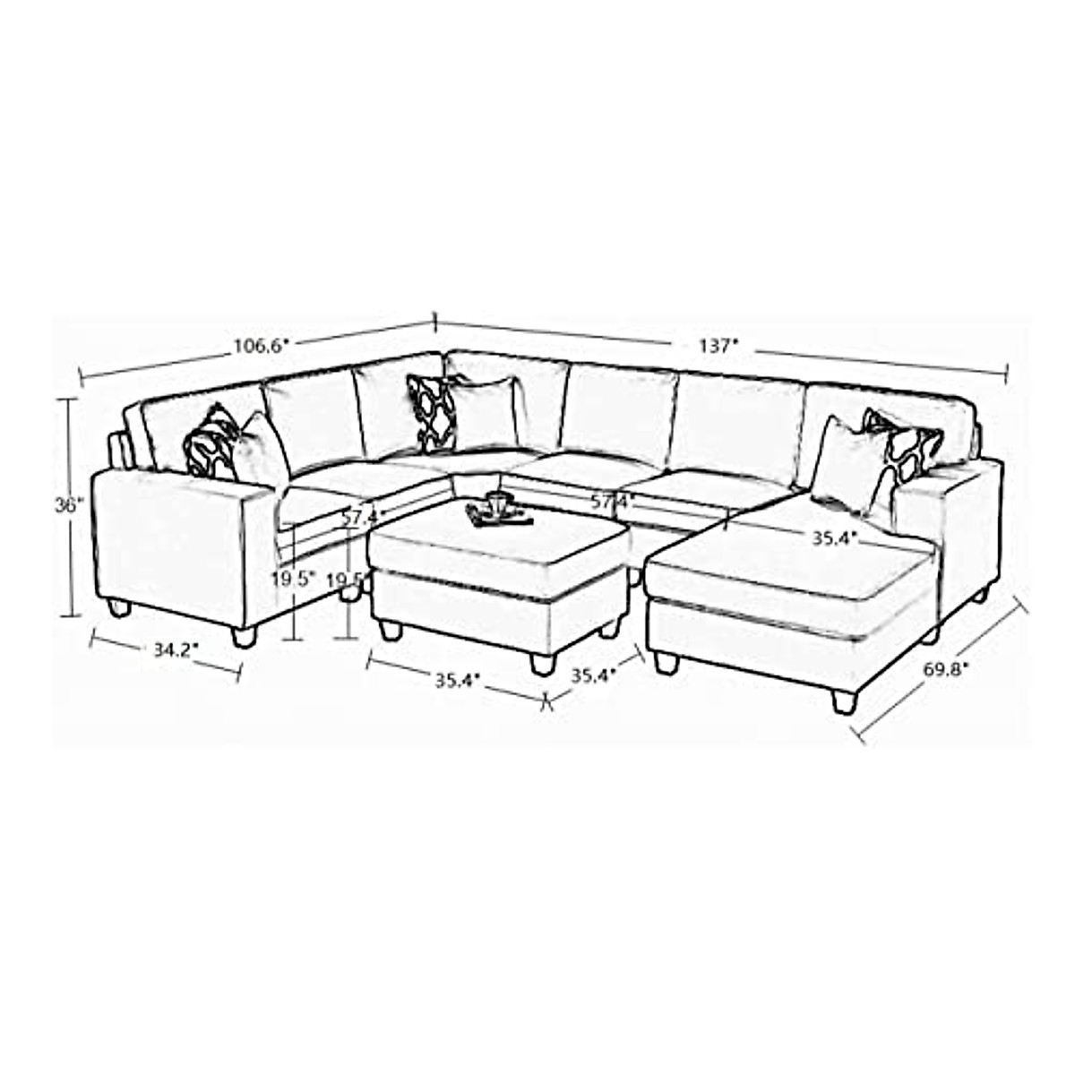 Legend Vansen 137'' Reversible Flexible Combination Modular Sofa Couche with Ottoman Sectional, Cream