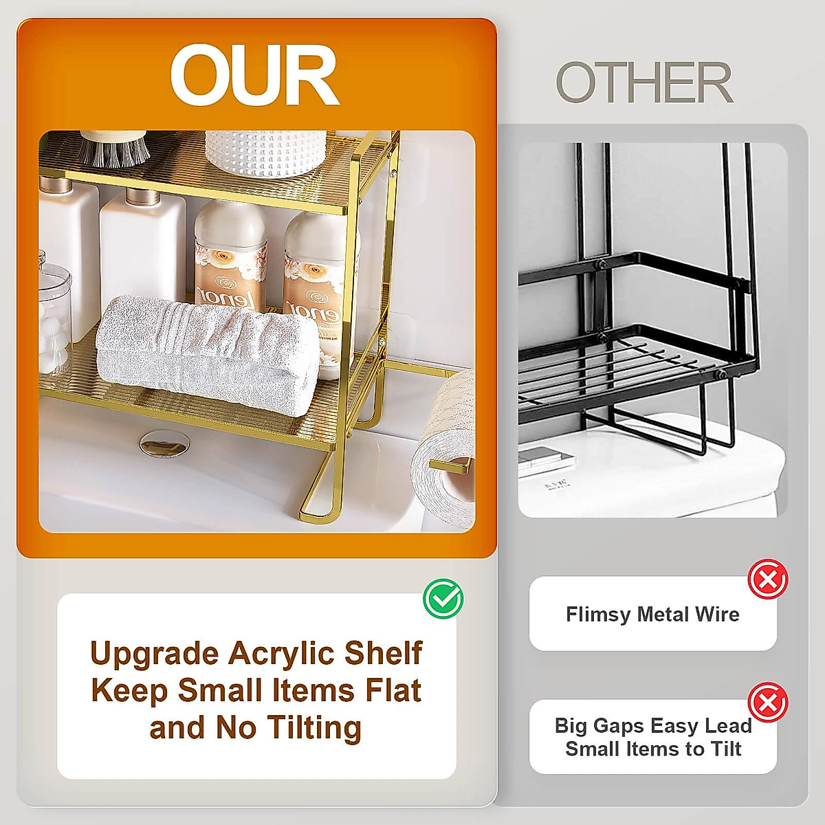 YIWANFW Over The Toilet Storage, Gold Over The Toilet Shelf Bathroom Organizers and Storage, 2-Tier Bathroom Shelves Over Toilet Bathroom Storage, Multi-Purpose Over Toilet Shelf Above Toilet Storage