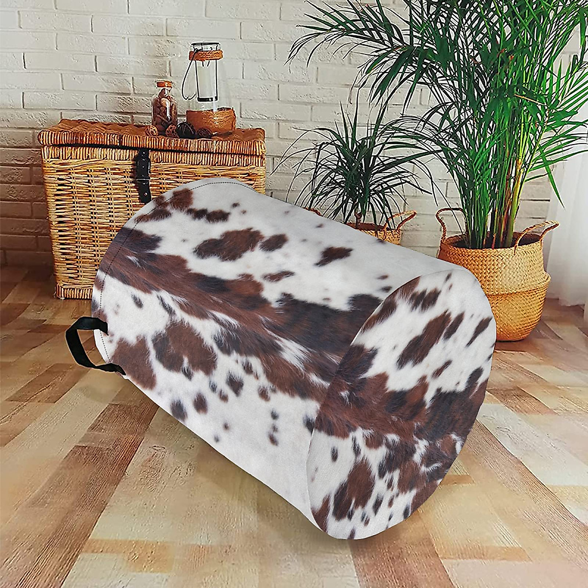 Storage Basket,Longhorn white cowhide with black and brown spots,Collapsible Large Laundry Hamper with Handles for Home Office 17.32"X13.58"