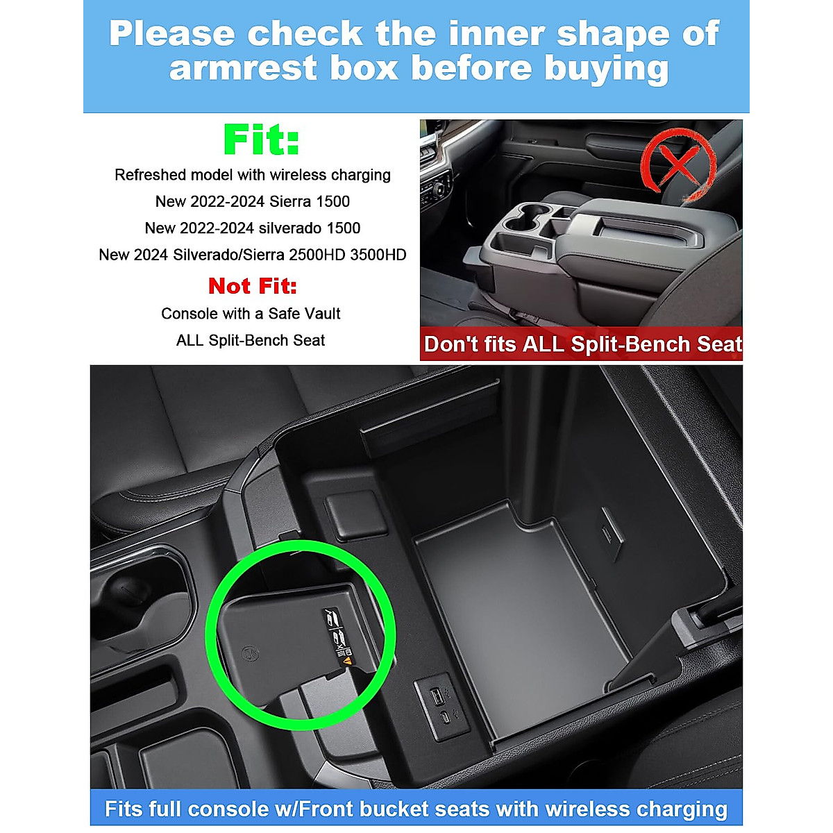 WEIPIN Console Organizer Tray 【Perfectly Tidy】 for 2023-2024 Silverado&Sierra 1500 and 2024 Chevy Chevrolet Silverado&GMC Sierra 2500HD 3500HD Accessories (Full Console w/Bucket Seats ONLY) - Black