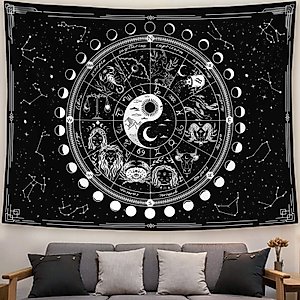 Kanuyee Twelve Constellation Tapestry,Black and White ，Sun and Moon ，Yin and Yang Tapestry Mystic Wall Hanging Tapestry for Home Decor (35"x47")