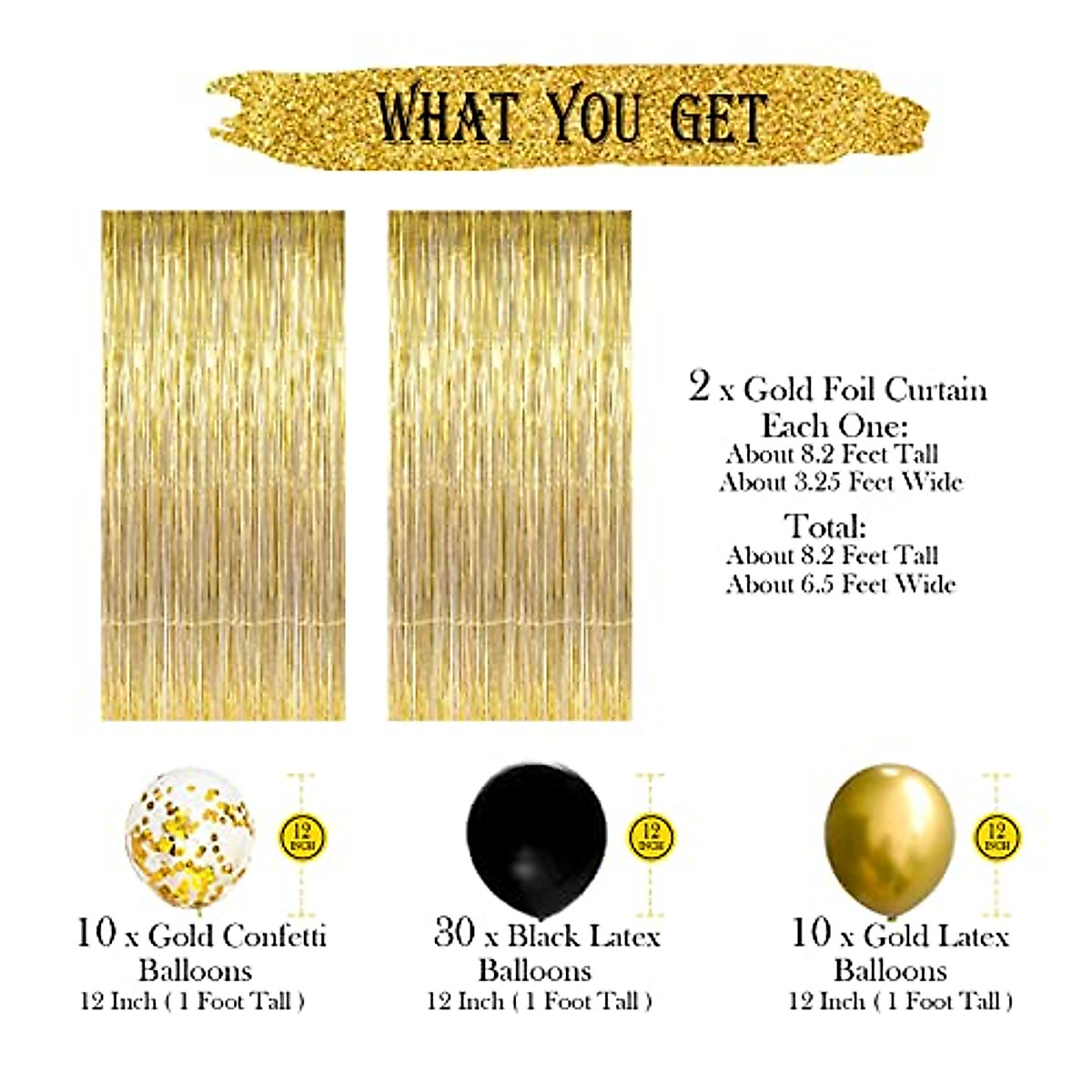 Black and Gold Party Decorations Kit, Gold Foil Fringe Curtain Backdrop, Black and Gold Balloons Set, Graduation Party Decorations 2023, Black and Gold Birthday Party Supplies