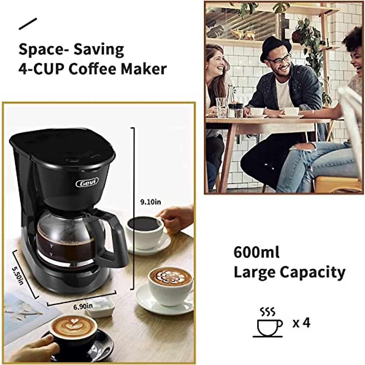 Gevi 4 Cups Small Coffee Maker, Compact Coffee Machine with Reusable Filter, Warming Plate and Coffee Pot for Home and Office