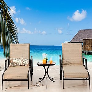 LOKATSE HOME 3 Pieces Outdoor Chaise Lounge Set Patio Pool Chairs Adjustable Back Steel Teslin with Coffee Table, Beige