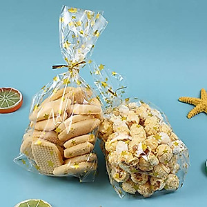 Gold Cellophane Bags,Star Cellophane Treat Bags with Twist Ties,Thick Plastic Small Cello Bags for Bakery,Cookies, Dessert Candy Buffet Supplies (50 Pack)