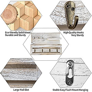 Wood Mail Organizer Wall Mounted - Key Holder for Wall, Mail and Key Holder with Shelf, Mail Holder with Key Hooks for Letter, Bills and Dog Leash, Rustic Mail Sorter for Entryway, Office, White