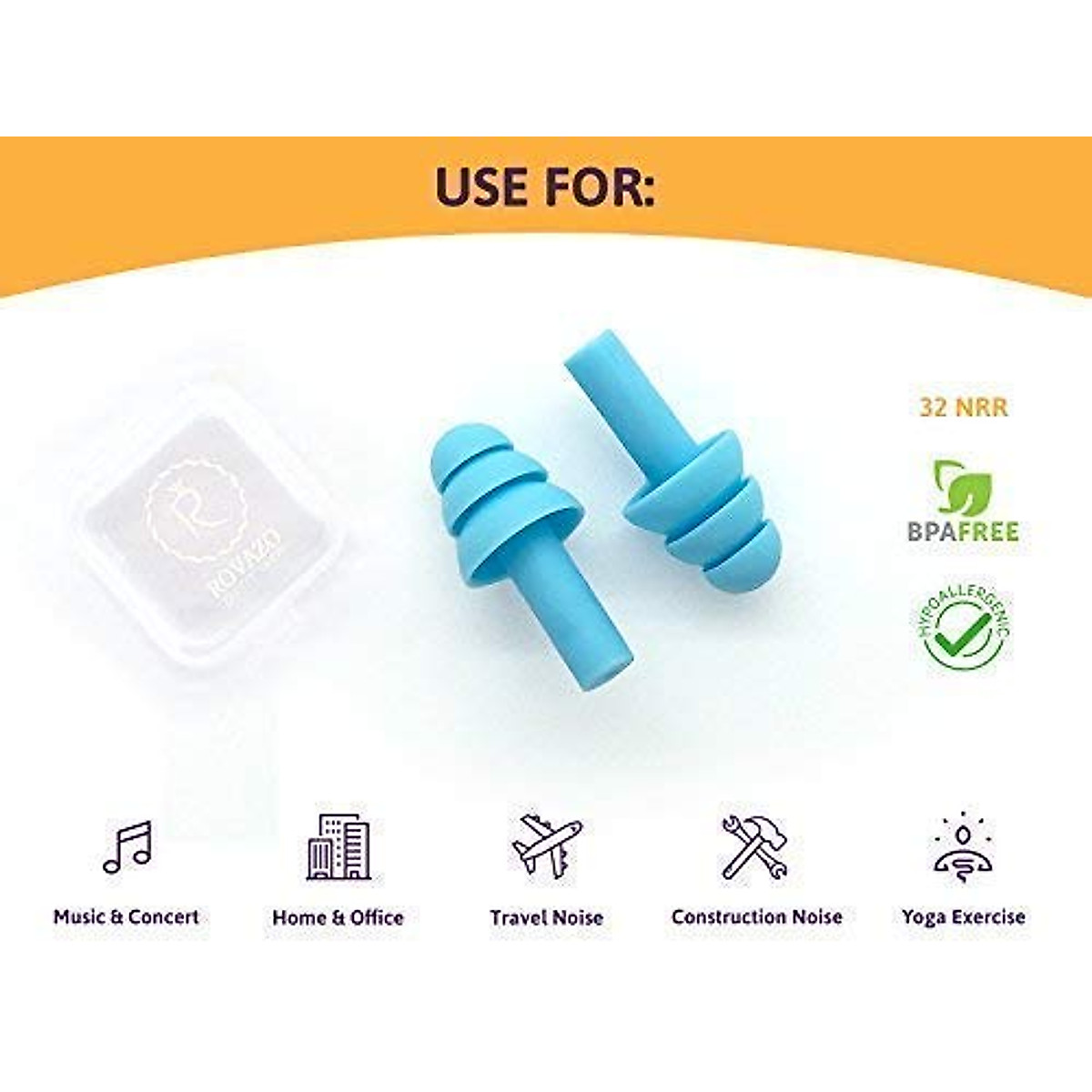 Reusable Silicone Ear Plugs - 2 Pairs - NRR 32, Waterproof, Hypoallergenic - Ultra Comfortable Noise Reduction Earplugs for Swimming, Concerts and Airplanes - Gift Travel Pouch