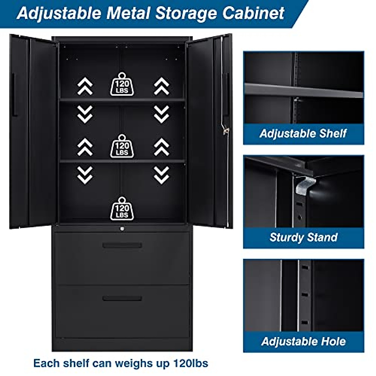 PEUKC 2-Drawer Metal File Cabinet, Lateral Vertical Filing Cabinets for Home Office, Locking File Cabinet with Storage Shelves, Legal/Letter/A4 Size Offcie File Cabinet, (Black, Assemble Required)