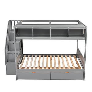Harper & Bright Designs Bunk Bed Twin Over Full with Storage Staircase and 2 Drawers, Wooden Bunk Bed Frame with 4 Storage Shelves for Kids Boys Girls Teens, No Box Spring Need (Gray)