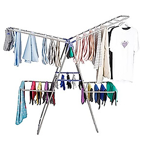 ZenStyle Clothes Drying Rack, 2-Level Laundry Drying Rack with Sock Clips, Stainless Steel Foldable Laundry Hanger with Height-Adjustable Gullwings for Clothes, Towels, Sheets, Silver