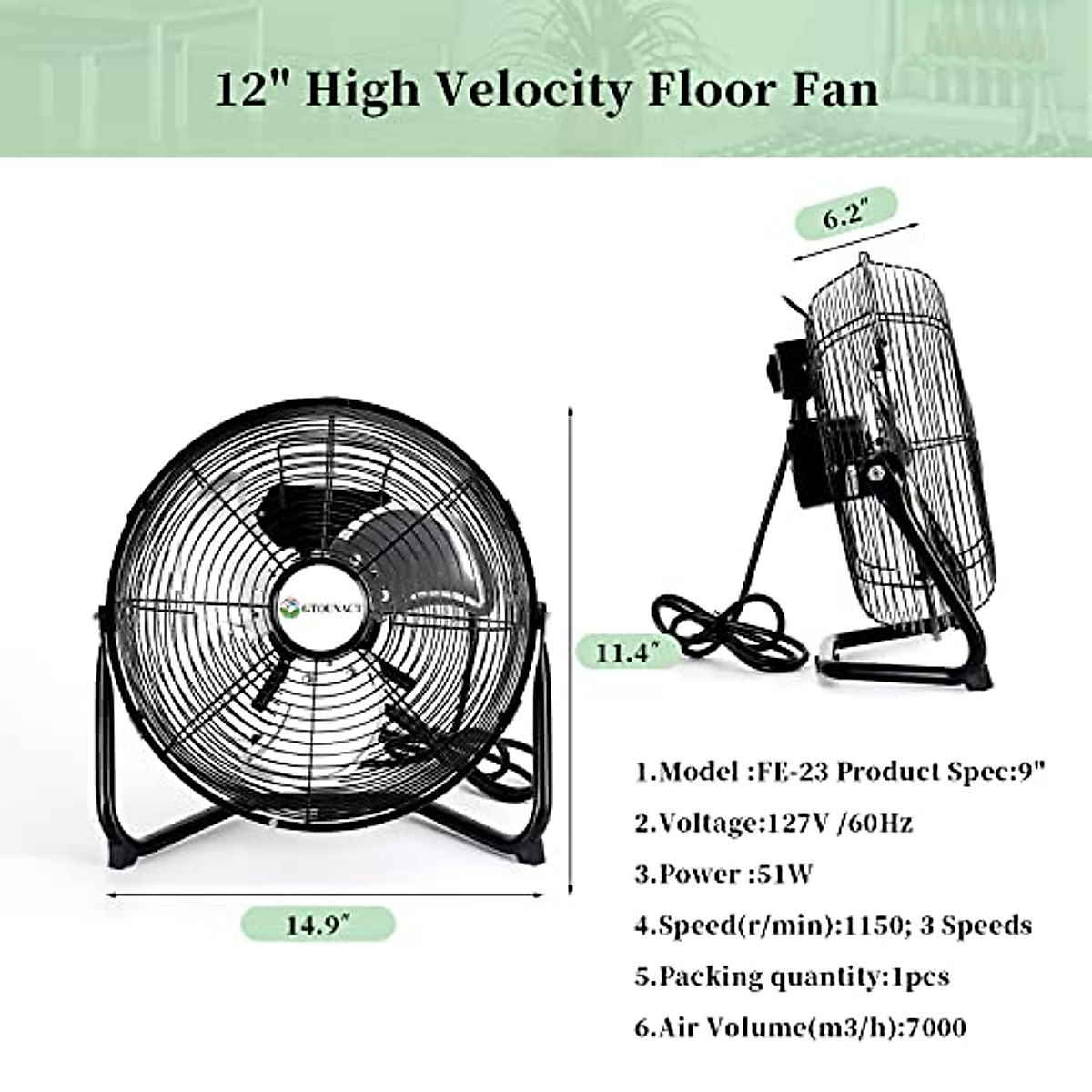 GTOUNACT 12 Inch Floor Fan 3-speed High Velocity 360°Adjustable Tilting Powerful Airflow Heavy Duty,All-Metal Construction, Convenient Carry Handle,Personal Cooling Fan with 3 Speed for Home Office