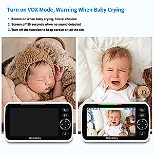 HelloBaby Monitor, 5''Display with 30-Hour Battery, Pan-Tilt-Zoom Video Baby Monitor with Camera and Audio, Night Vision, 2-Way Talk, Temperature, 8 Lullabies and 1000ft Range No WiFi, Ideal for Gifts