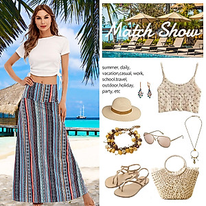 Zando Long Skirts for Women High Waisted Maxi Skirt Casual Trendy Dresses Fold-Over Workout Stretchy Flared Flower Skirt for Girls Geometric Stripe Medium