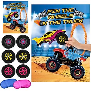 Truck Party Games Pin The Wheels On The Truck Poster with 36 Wheel Stickers Wheels Stickers for Kids Adults Truck Themed Birthday Party Baby Shower Decor Supplies Race Car Sticker Family Glass Game