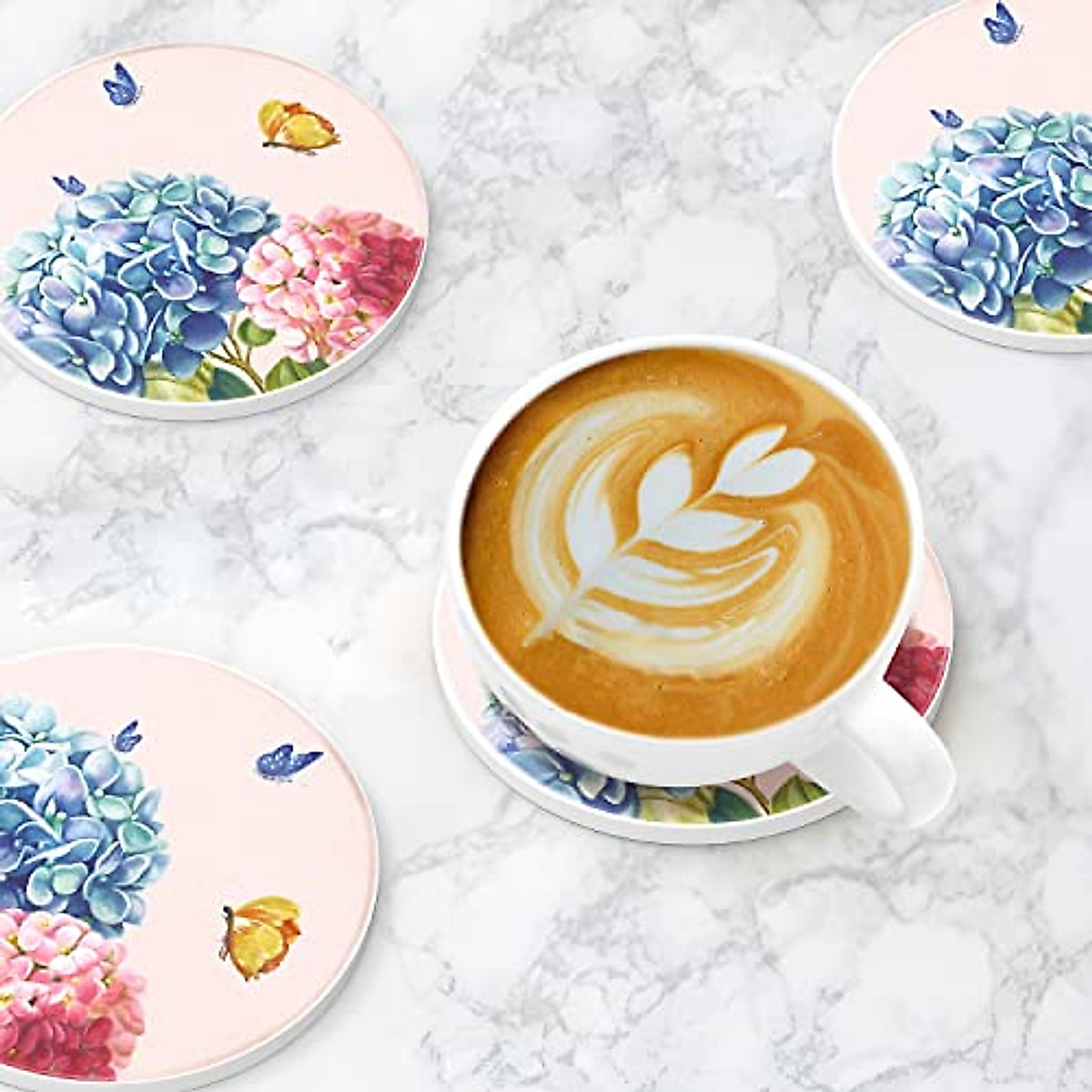 Newsparkle Hydrangeas Coasters,Flower Coasters,Floral Coasters Absorbent, Set of 6 Ceramic Cock Coasters,4 Inch