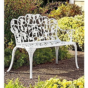 Plow & Hearth Weatherproof Grapevine Outdoor Bench | Holds Up to 300 lbs | Garden Patio Porch Park Deck | Metal | White