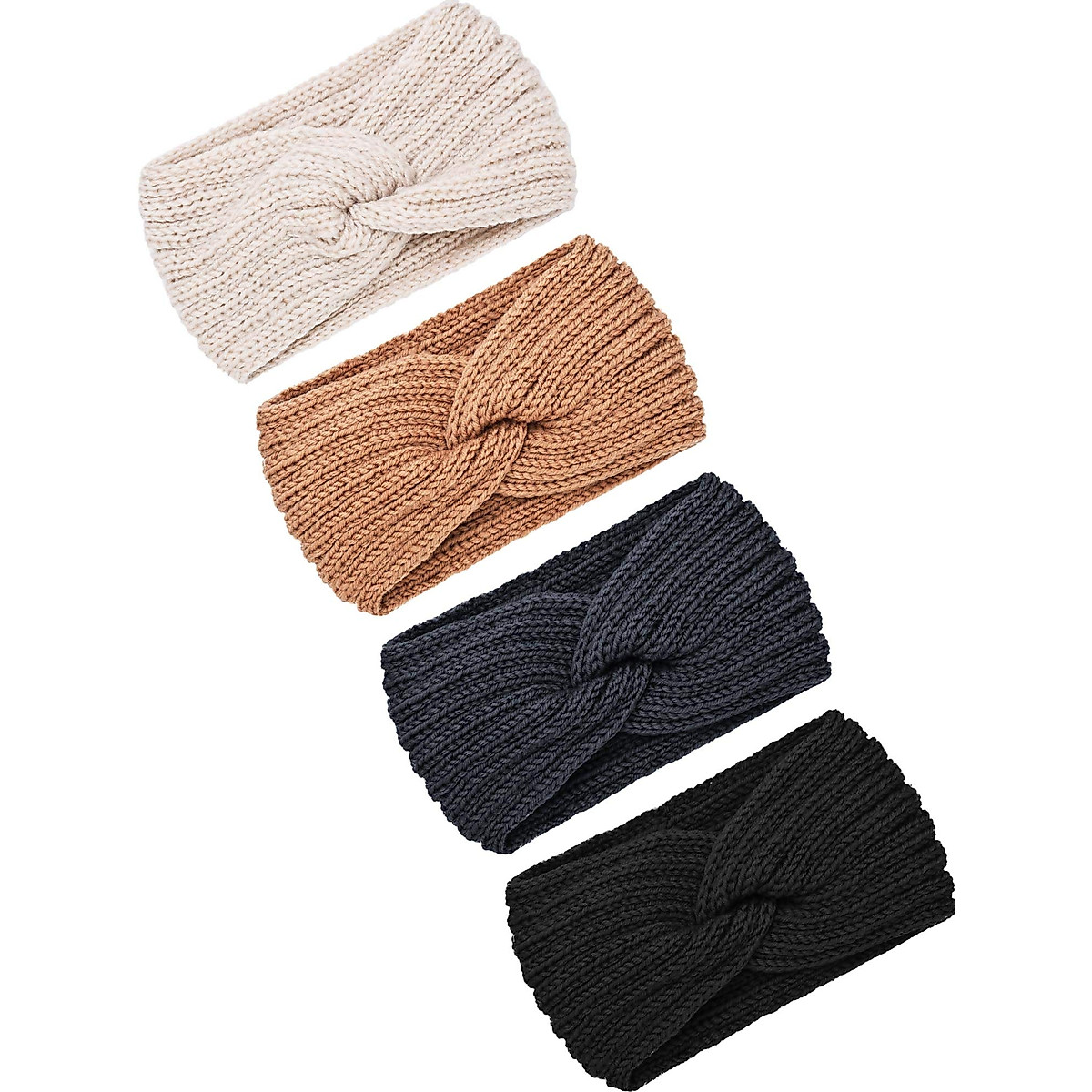 TecUnite 4 Pieces Chunky Knit Headbands Braided Winter Headbands Ear Warmers Crochet Head Wraps for Women(Black, Dark Grey, Camel, Beige)