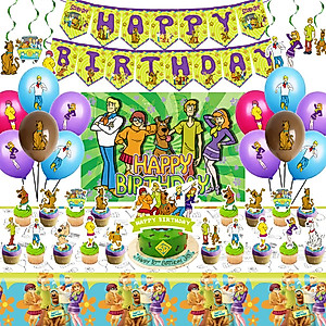 Scooby Dog Doo Birthday Party Supplies, Dog Party Decorations Including Birthday Banner, Backdrop, Hanging Swirls, Tablecloth, Balloons, Cake Toppers for Dog Party Supplies