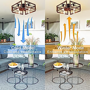 Capslpad 20''Farmhouse Flush Mount Ceiling Fan with Light and Remote Control,Industry Wood Low Profile Fan Rustic Industrial Caged Indoor Ceiling Fan for Bedroom Living Room Kitchen (4-Light)