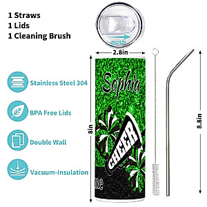 Ioracida Personalized Cheer Insulated Stainless Steel Tumbler with Lid and Straw, Casual Coffee Cup Mug for Cheerleader Coach, Custom Gifts for Cheer Mom Cheer Team, Green Glitter
