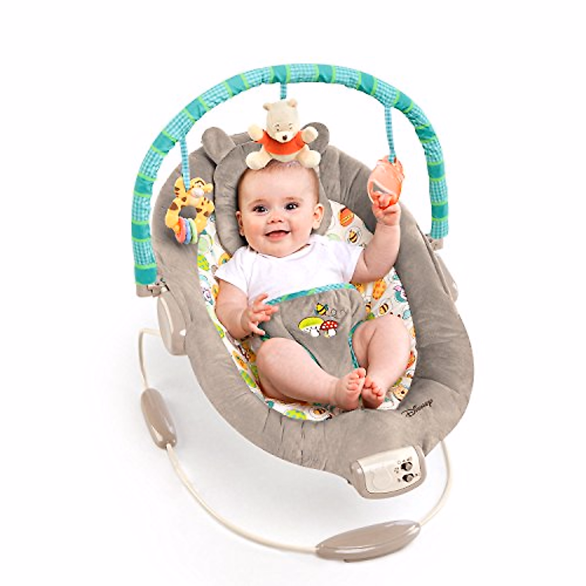 Bright Starts Winnie the Pooh Dots & Hunny Pots Baby Bouncer with Vibrating Infant Seat, Music & 3 Playtime Toys, 23x19x23 Inch