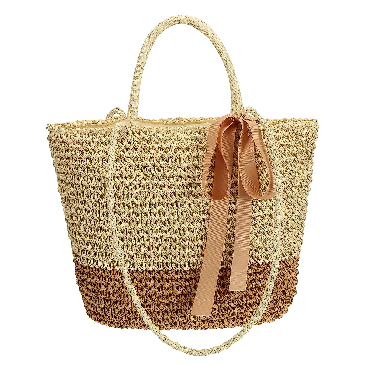 So'each Women's Handbag Color Matching Bow Wicker Woven Rattan Straw Tote Shoulder Bag Beige