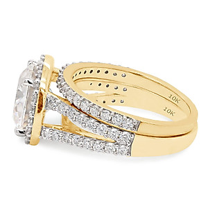 SAVEARTH DIAMONDS Split Shank Design, 4 1/2 cttw Center 10MM Round Cut Lab Created Moissanite Diamond Halo Bridal Set Ring 10K Solid Yellow Gold (VVS1 Clarity, 4.50 Cttw)-7.5