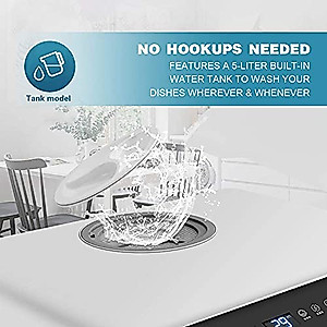 Portable Countertop Dishwasher, 5 Washing Programs, Built-in 3-Cups Water Tank, 3D Cyclone Spray, Fruit & Vegetable Cleaning with Basket, High Temperature, Air Drying - Lights, Faucet Adapter Included