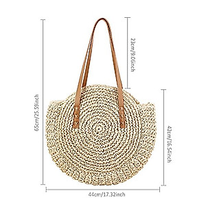 Round Woven Zippered Shoulder Bag,Handbags Beach Straw Bag Large Handmade Weaving Shoulder Bag Natural Chic Women Straw Woven Tote Summer Beach Tote for Women Vacation and Daily Use(Off-white