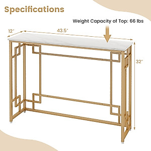 Giantex 43.5-Inch Console Tables for Entryway - Foyer Table with Adjustable Foot Pads, Golden Metal Frame, Faux Marble Top, Modern Long Sofa Table, Narrow Hallway Table for Living Room, Entry Table