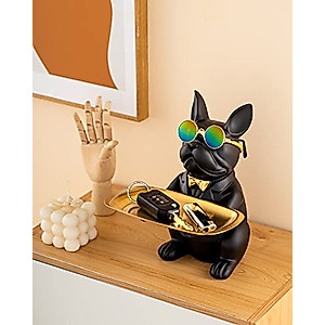 Bwytbwy French Bulldog Statue,Resin Bulldog Key Tray for Entryway Decor, Key Holder Organizer for Entryway Table, French Bulldog Gifts Black