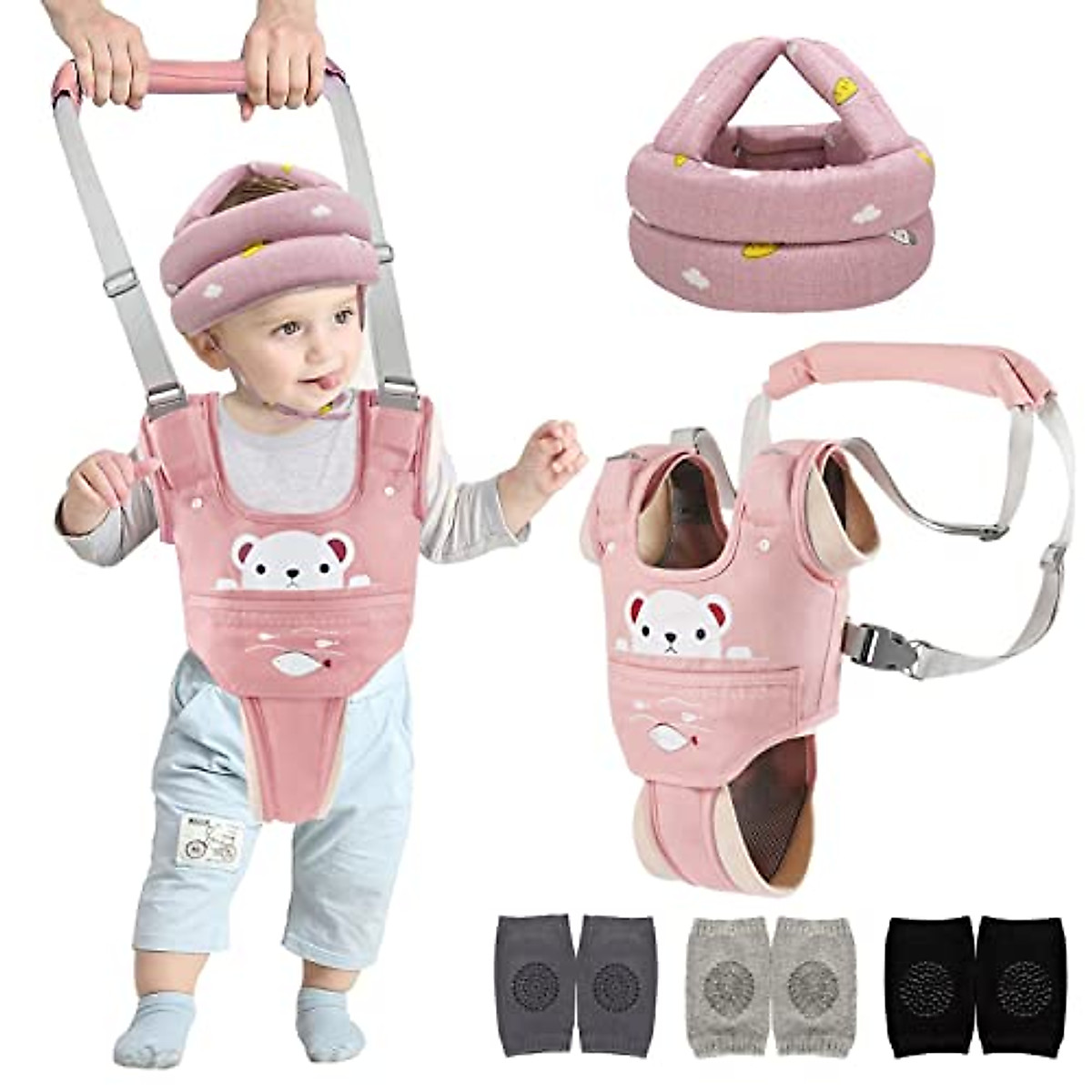Ocanoiy Baby Walking Harness Handheld Baby Walker Assistant Belt Baby Head Protector Baby Helmet for Crawling Walking Baby Knee Pads