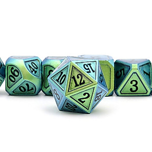 Haxtec Chameleon Metal DND Dice Set Color Changing D&D Polyhedral Dice for Dungeons and Dragons Gifts TTRPG-Light Army Green Blue Shift Black Numbers