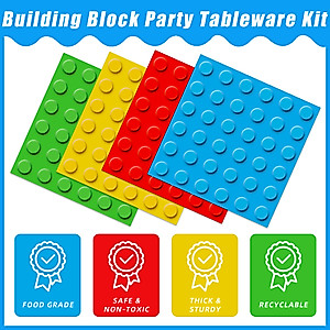 96 Pcs Building Block Party Supplies, Building Bricks Party Plates and Napkins Set Boys Girls Building Block Themed Party Dinnerware for Kids Baby Shower Birthday Party Decorations, Serves 24