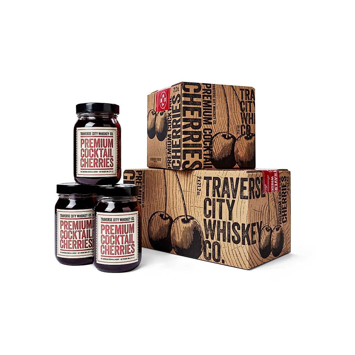 Traverse City Whiskey Co. Premium Cocktail Cherries (21.2oz / 600g) | Cocktails & Desserts | All American, Natural, Certified Kosher, Stemless, Slow-Cooked Garnish for Old Fashioned, Ice Cream Sundaes & More