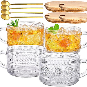 Gusnilo Set of 4pcs Vintage Embossed Clear Coffee Mugs with Bamboo Lid and Spoons,Tea,Latte,Yogurt Cups,Beverage,Overnight Oats Containers,14 Oz Glass Coffee Cups for Cappuccino
