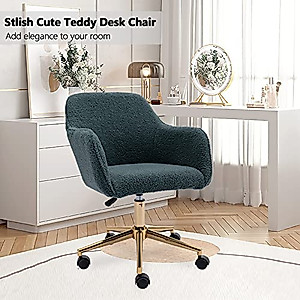 Modern Teddy Home Office Chair, Upholstered Cute Desk Chair with Gold Metal Legs, Adjustable Swivel Task Chair with Wheels, Vanity Chair for Girls Women Small Space Bedroom Study Makeup, Green