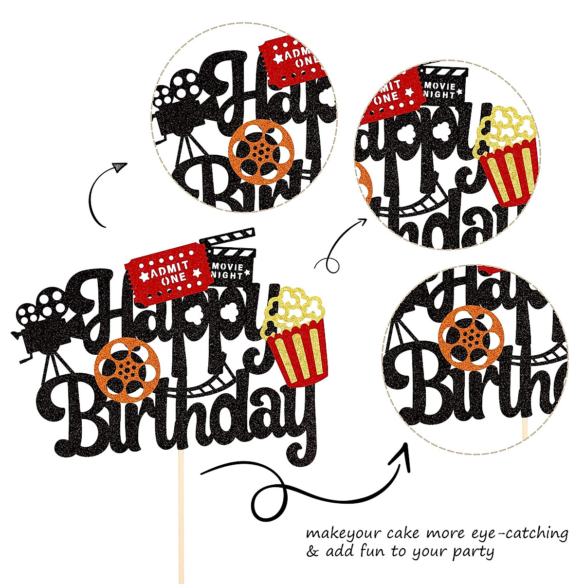 1 PCS Movie Night Cake Topper Happy Birthday Sign Cake Pick Decorations for Theater Video Recorder Roll Camera Popcorn Hollywood Theme Family Film Baby Shower Birthday Party Supplies