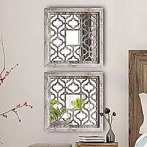 qmdecor Square Rustic Distressed White Framed Wall Decorative Mirror 12x12 inches Modern DIY Fashion MDF Wood Material Wall-Mounted Mirrors Set of 2 Pieces