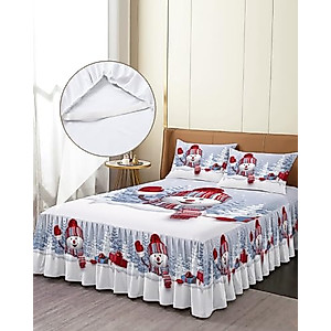 AMZRicher Winter Snowman Wrap Around Pleated Bed Skirts for Twin XL Bed 39x80, Decorative Dust Ruffle Bed Sheet & Bedskirt 18'' Drop Bedspread with Pillow Case 20x30 Christmas Forest Snowy Tree